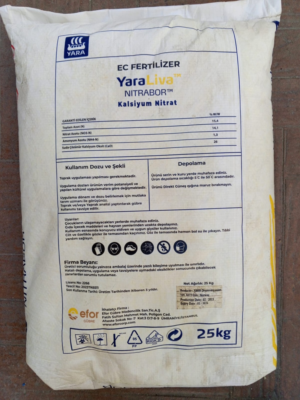 Yaraliva NitraBor Kalsiyum Nit-rat 25 kg, Azot ve Kalsiyum Oksit İçerir