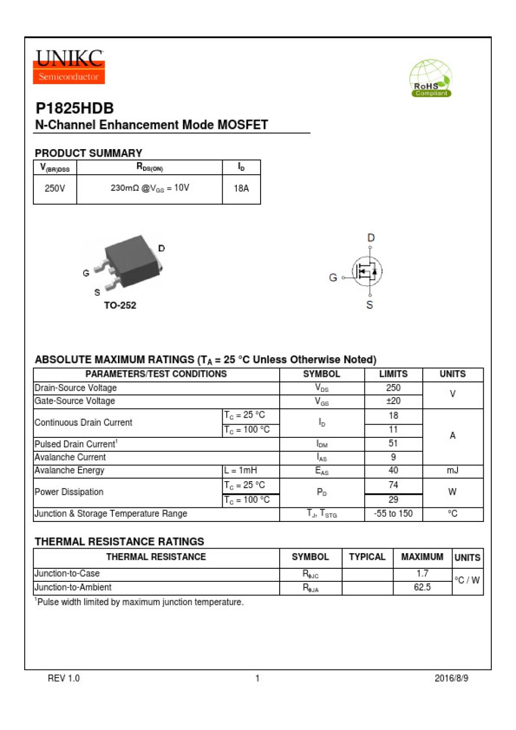 P1825HDB N-Channel Enhancement Mode N-Channel MOSFET, 18A , 250VOLT ...