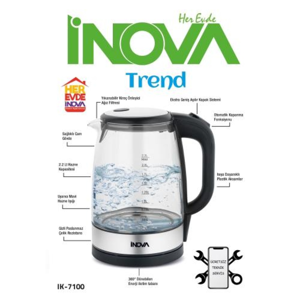 İnova Trend Ik-7100 2.2 Litre Cam Işıklı Kettle