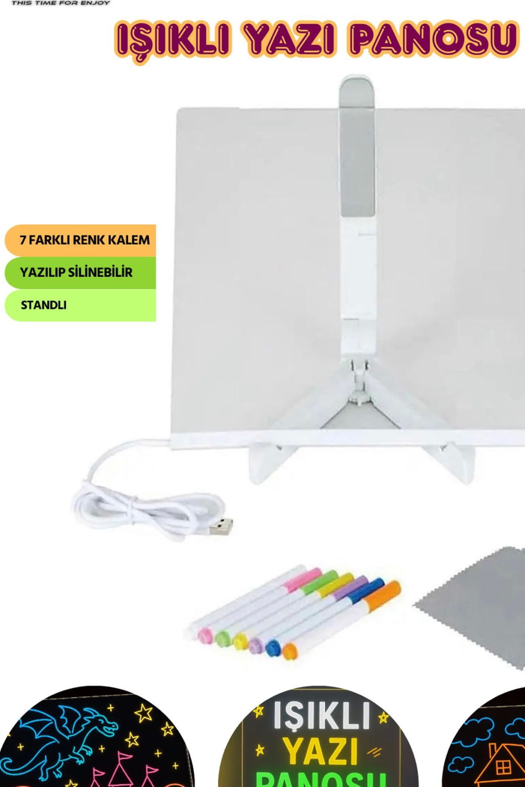 Neon Işıklı 7 Renk Işık Boyama Kalemli Led Resim Panosu Boyama Tahtası Kalemleri 20 X 20