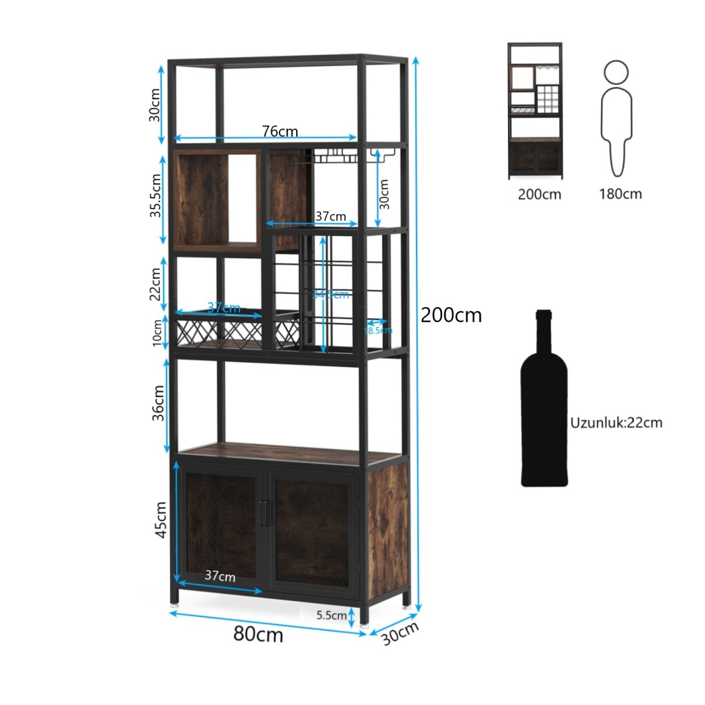 Zizuva Özel Tasarım Çok Amaçlı Ev Ofis Raflı Bar Şarap Alkol Vitrini
